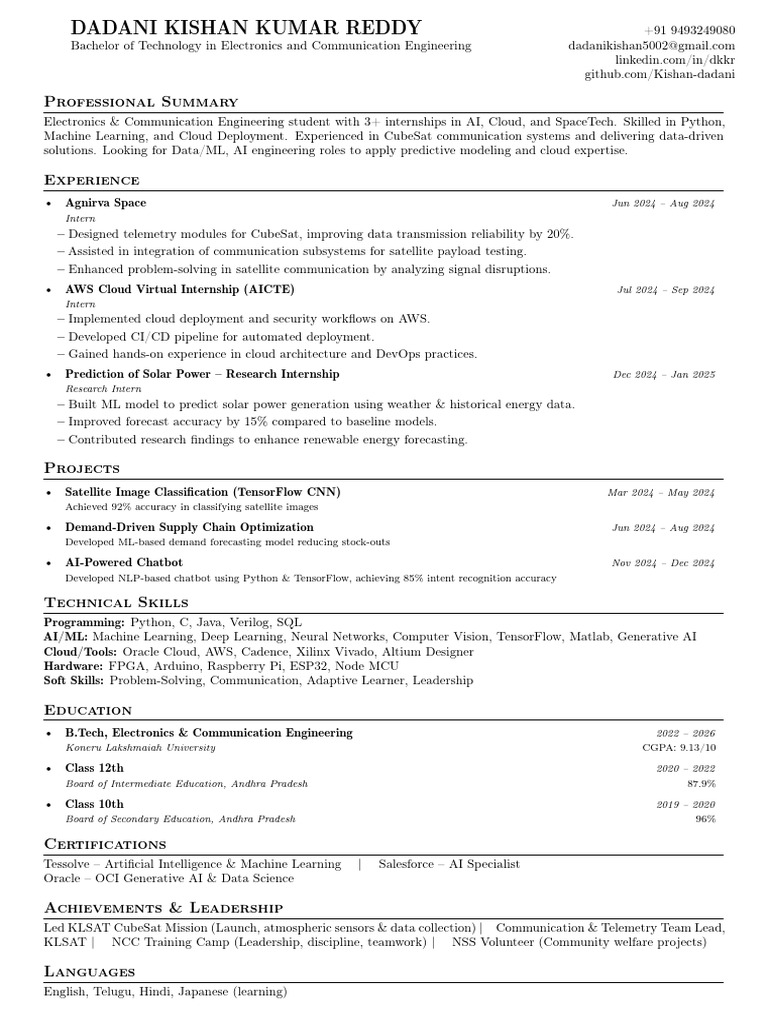 Dadani Kishan Kumar Reddy Resume | PDF | Artificial Intelligence | Intelligence (AI) & Semantics