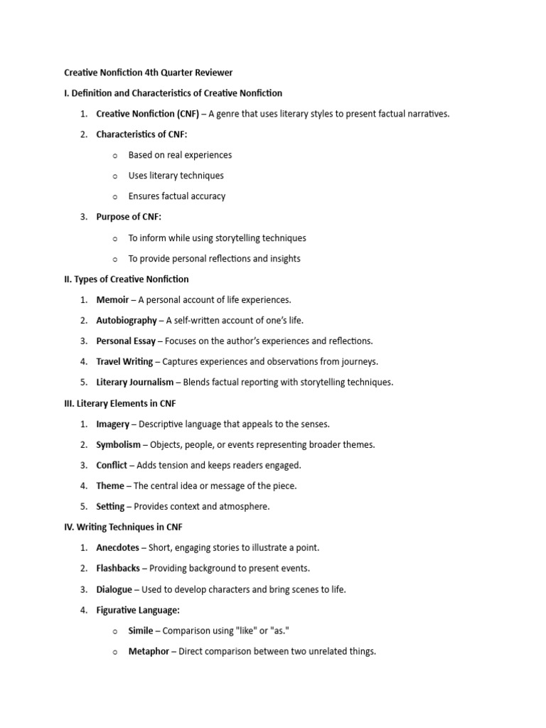Creative Nonfiction 4th Quarter Reviewer | PDF | Narrative | Creative Nonfiction