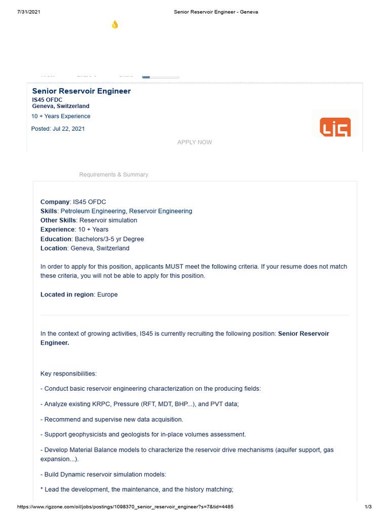Senior Reservoir Engineer Job in Geneva | PDF | Petroleum Reservoir ...