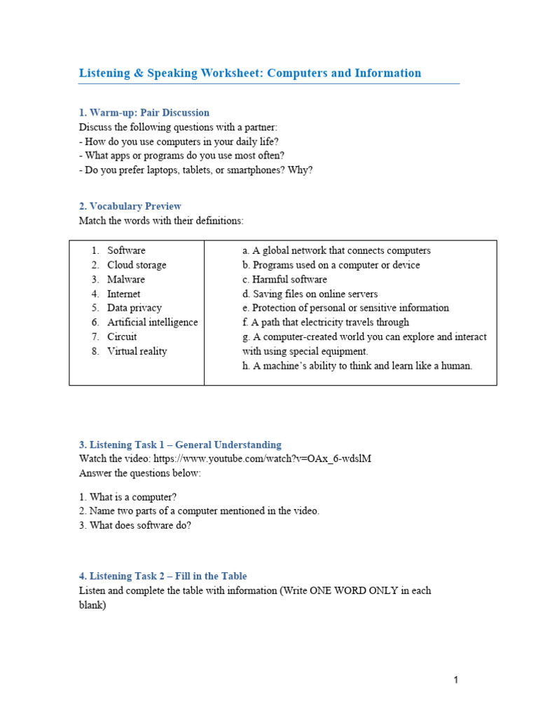 Computers and Information Worksheet | PDF