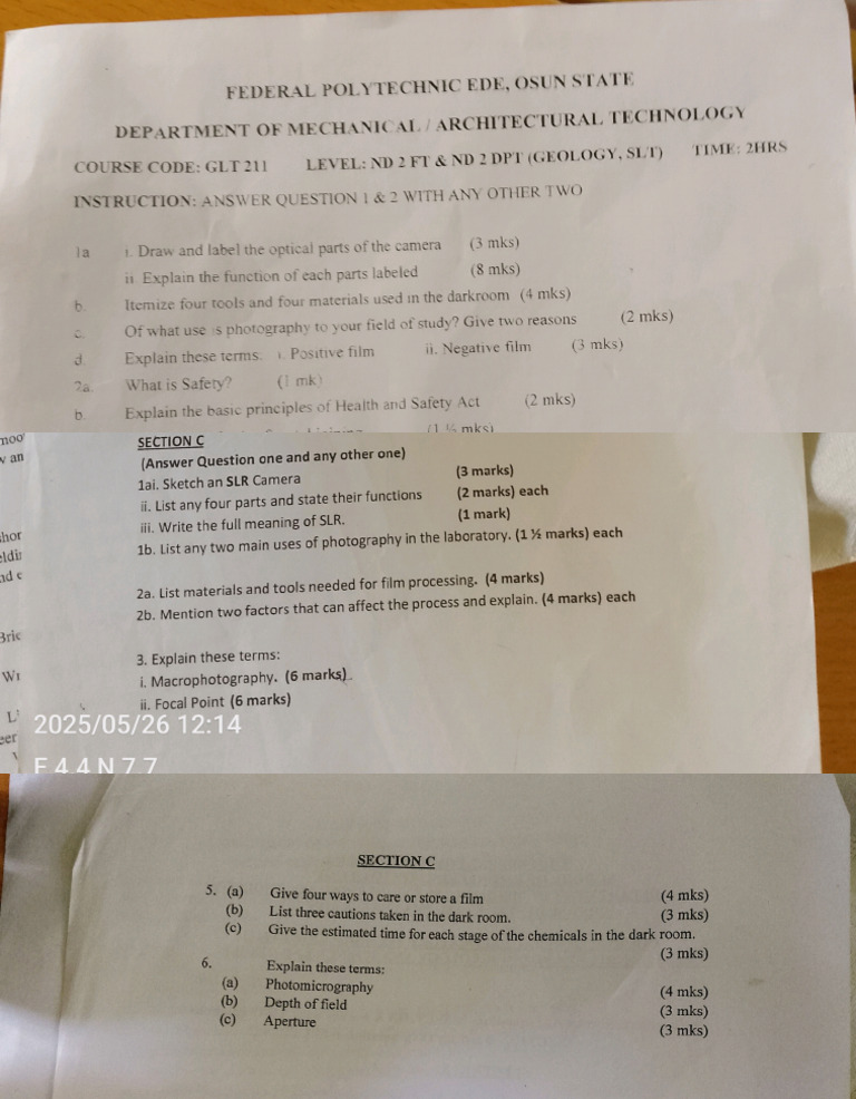 GLT 222 Past Questions On Photography | PDF
