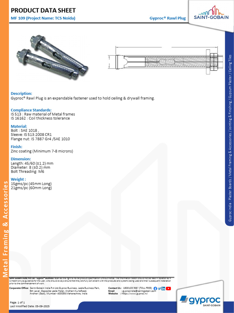 Gyproc® Rawl Plug Product Data Sheet | PDF | Drywall | Building Materials