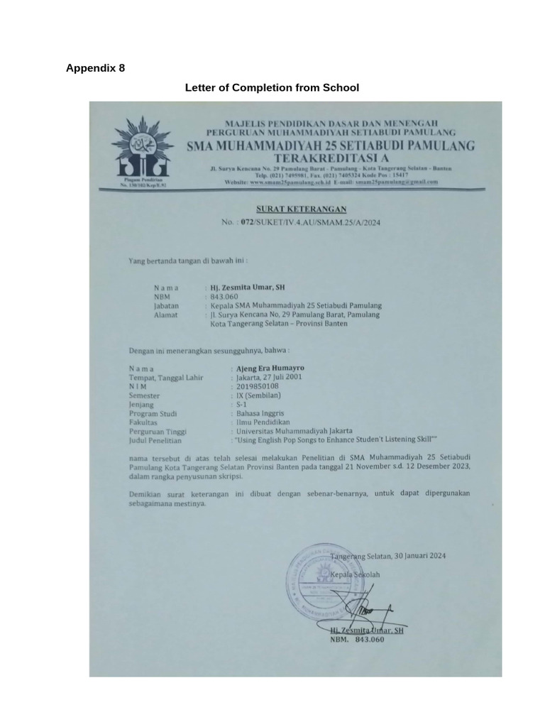 Appendix 8 Surat Dari Sekolah | PDF