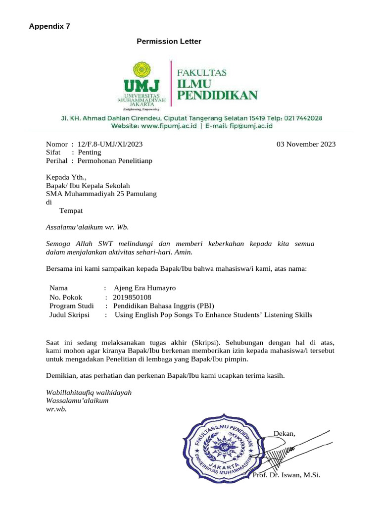 Appendix 7 - Permohonan Penelitian | PDF