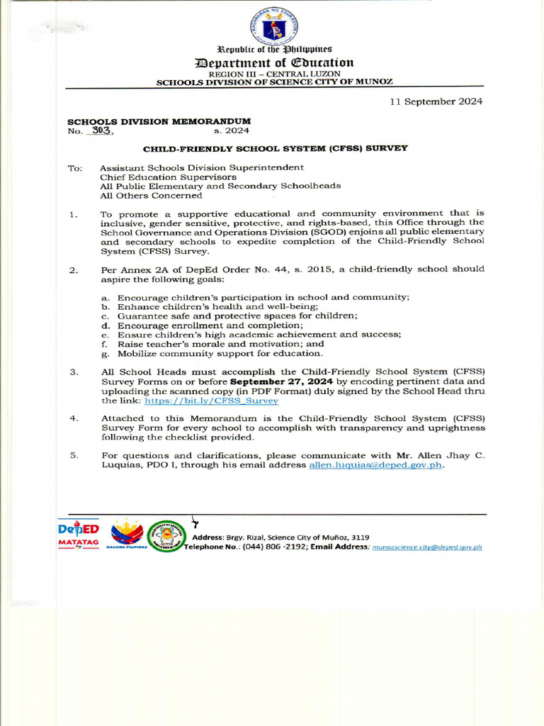 SDM No. 303 S. 2024 Child Friendly School System Cfss Survey | PDF