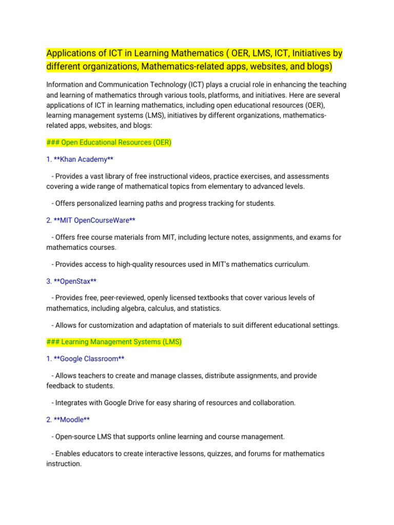 Applications of ICT in Learning Mathematics | PDF | Educational ...