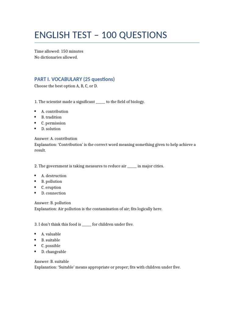 English Test: 100 Questions Overview | PDF