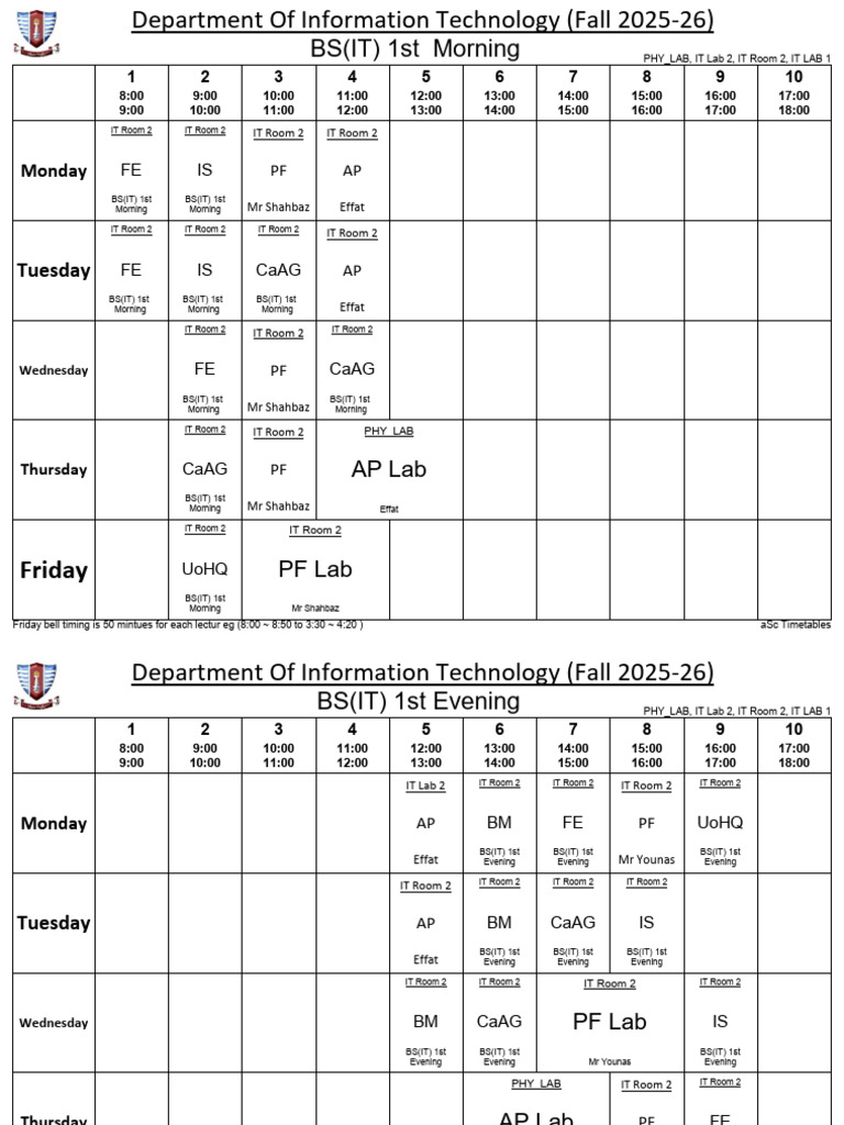 Class Wise Time Table Fall 2025-26 | PDF