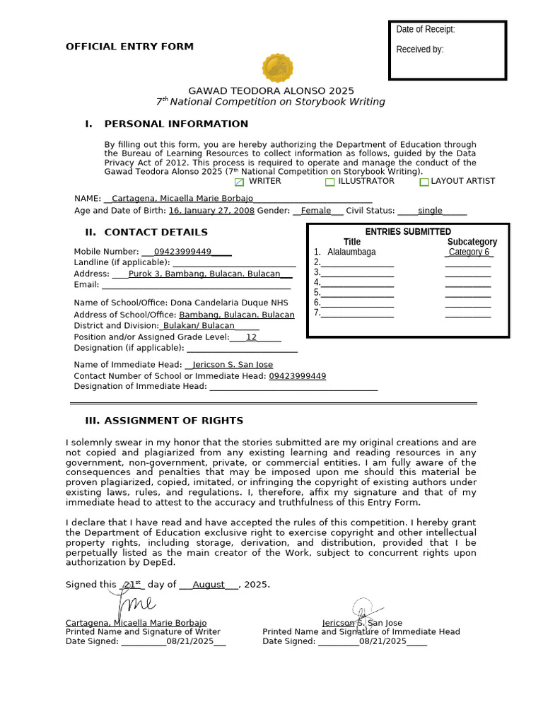 Gawad Teodora Alonso 2025 Entry Form | PDF