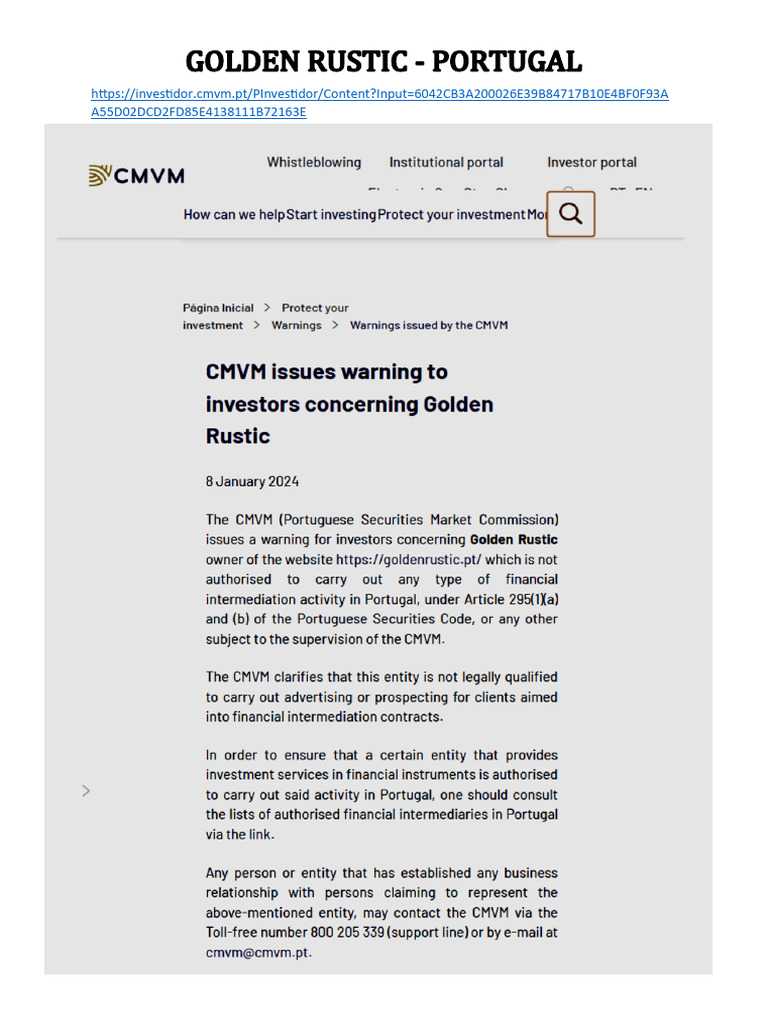 CMVM Warning: Golden Rustic Unauthorized | PDF | Securities (Finance)