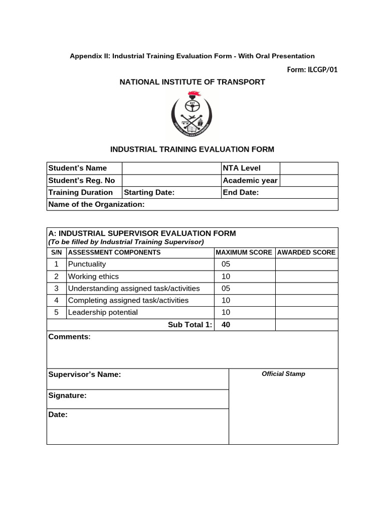 Industrial Training Evaluation Form | PDF