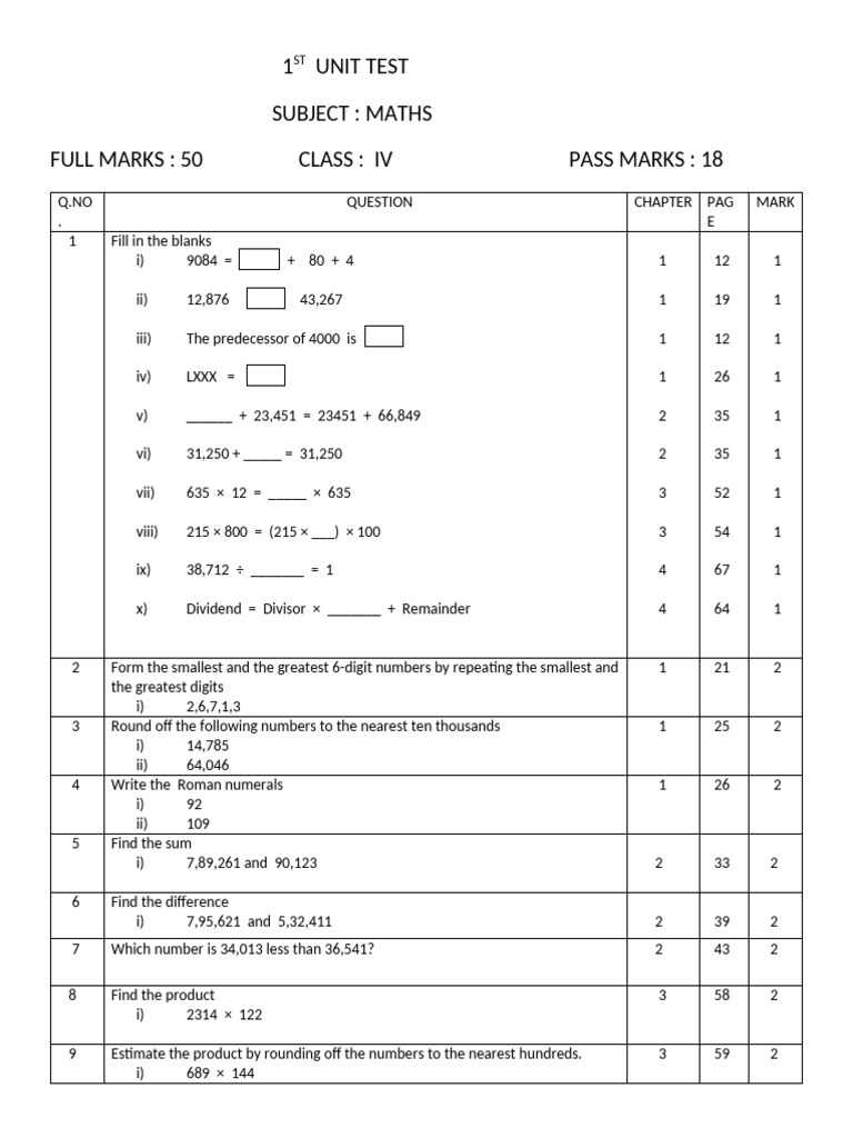 Class 4 Math Unit Test Questions | PDF | Division (Mathematics ...
