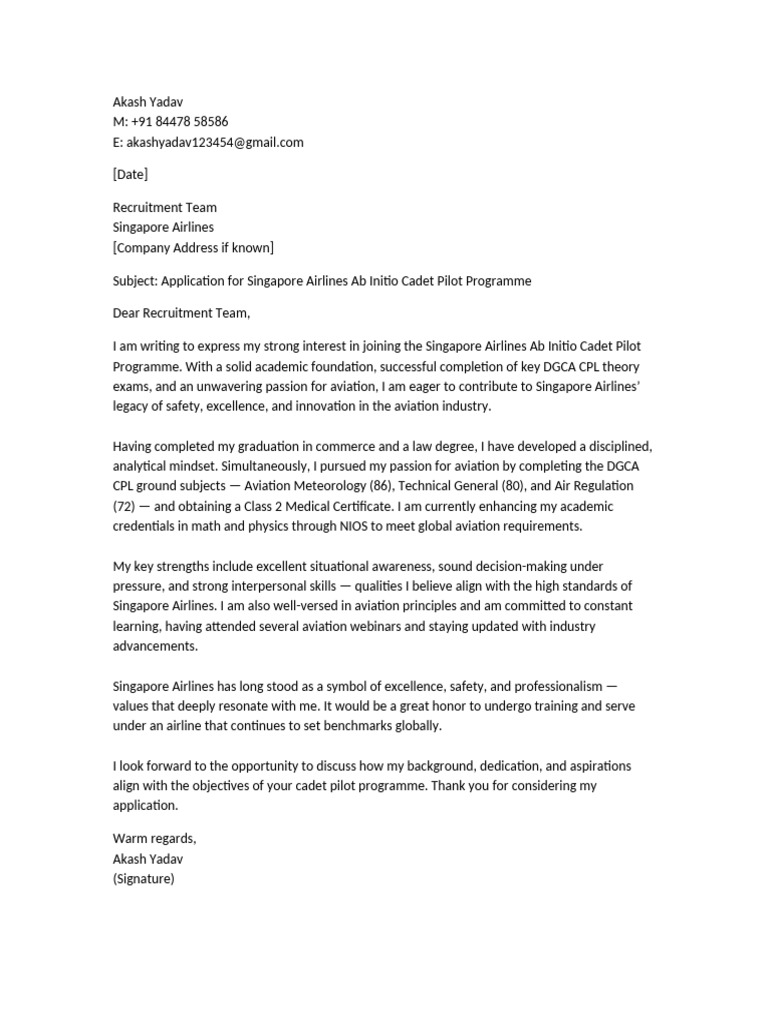 Application for Singapore Airlines Pilot Program | PDF