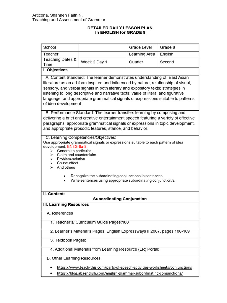 Detailed Daily Lesson Plan in English | PDF | Linguistics | Grammar