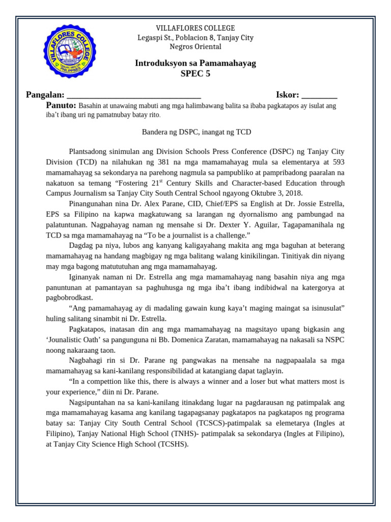 Spec 5 - Pagsulat NG Lead o Pamatnubay Gawain | PDF