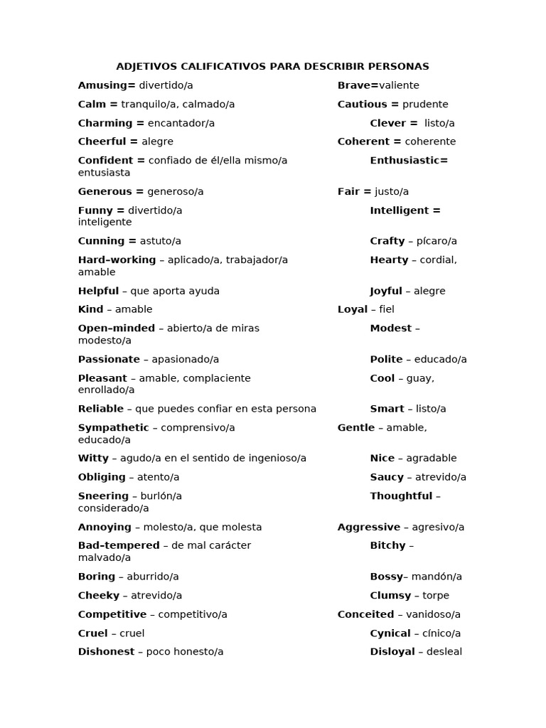 Adjetivos Calificativos Describir Personas Ingles | PDF | Anatomía ...