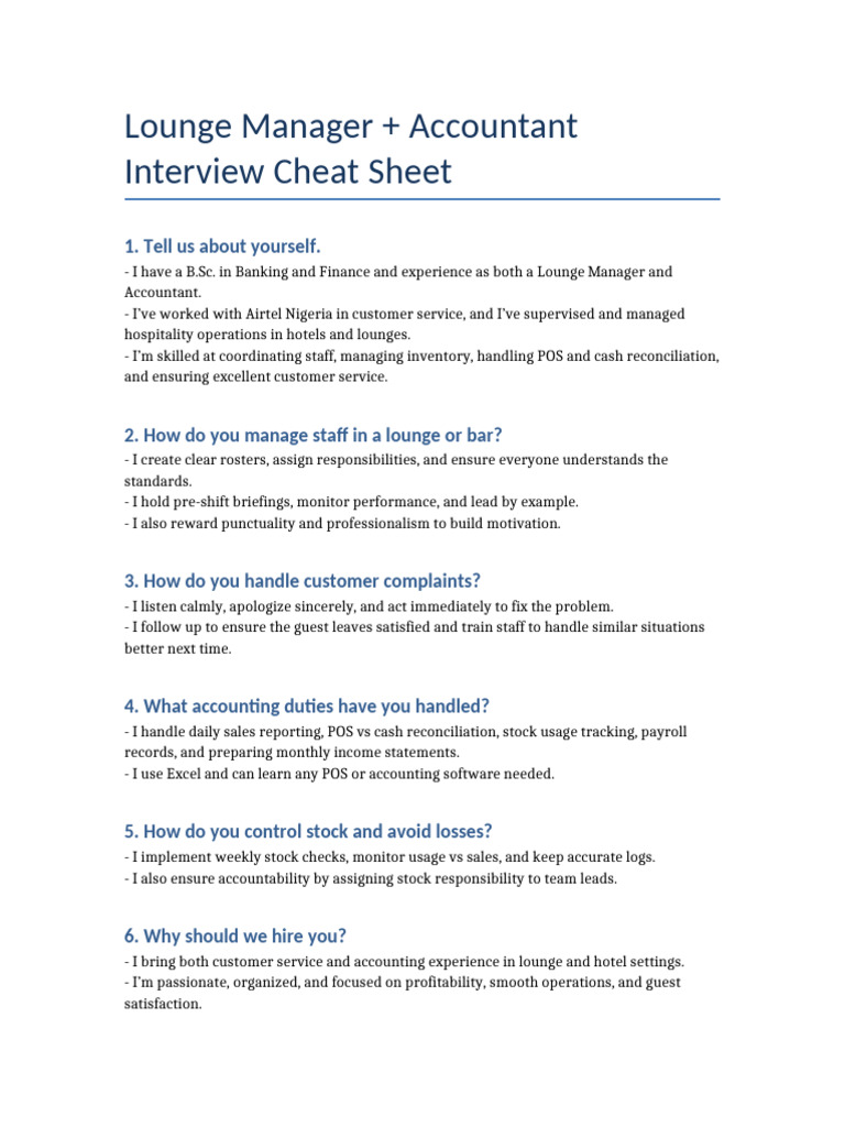 Lounge Manager & Accountant Interview Tips | PDF