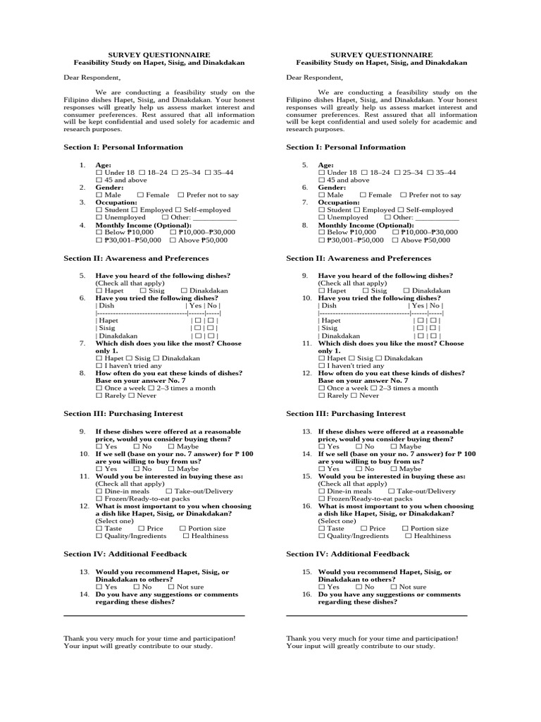 Feasibility Study on Filipino Dishes | PDF | Questionnaire | Self ...