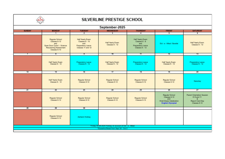 Monthly Academic Calendar - 2025 26 September - CL 6 12 | PDF
