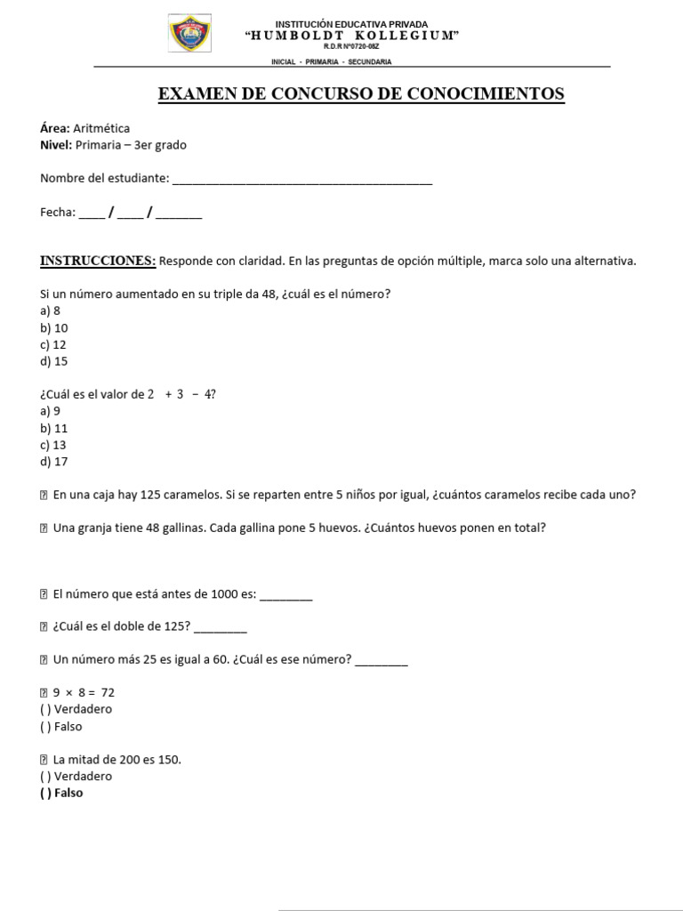 Concurso de Matematica Tercero | PDF