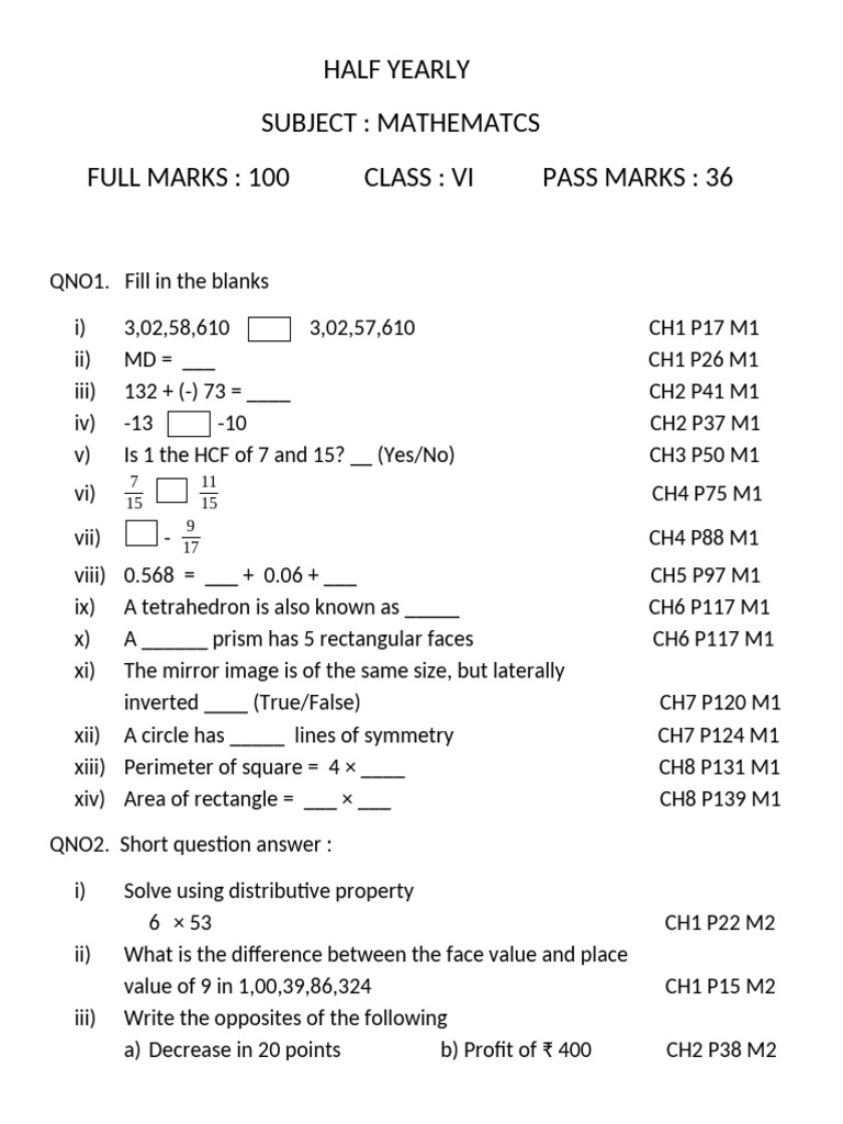Class 6 Maths Half Yearly 2025 | PDF | Elementary Mathematics ...