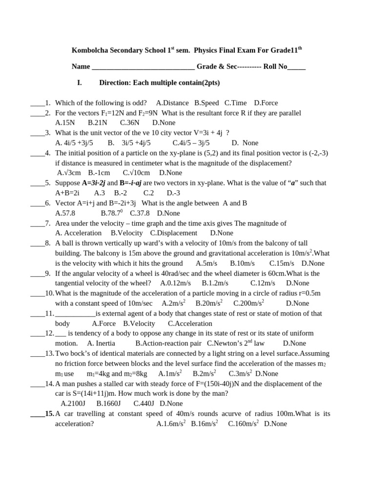 Grade 11 Physics Final Exam PDF | PDF | Acceleration | Force