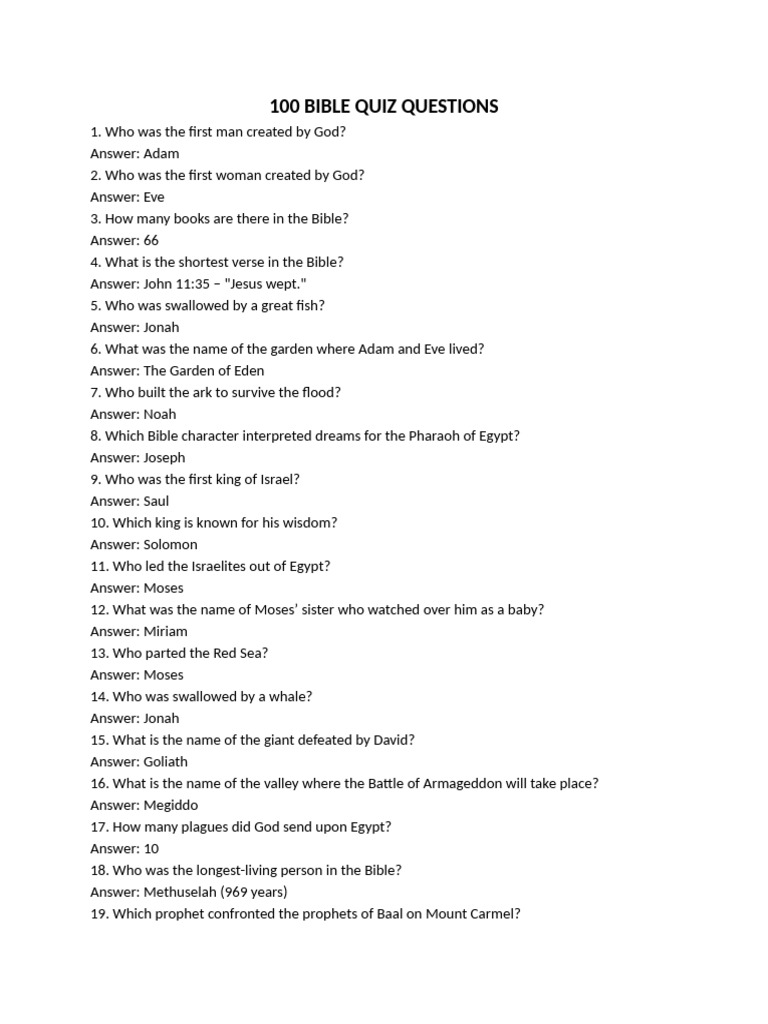 100 Bible Quiz Questions | PDF | Jesus | Moses