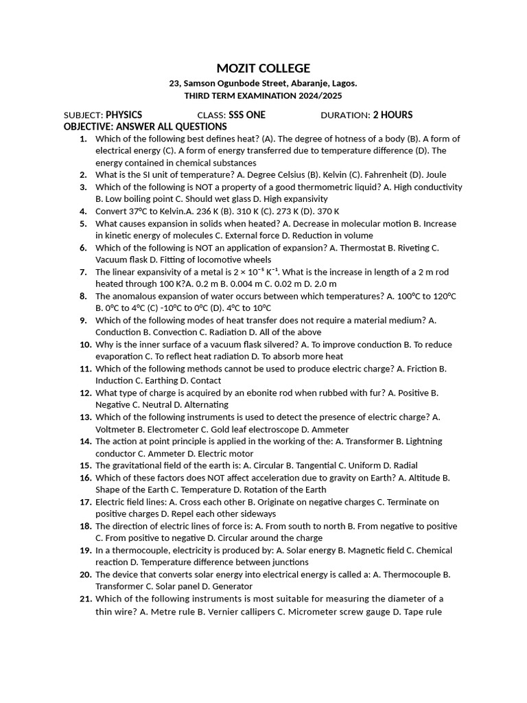 SSS One Physics Exam Questions 2024/2025 | PDF | Waves | Temperature
