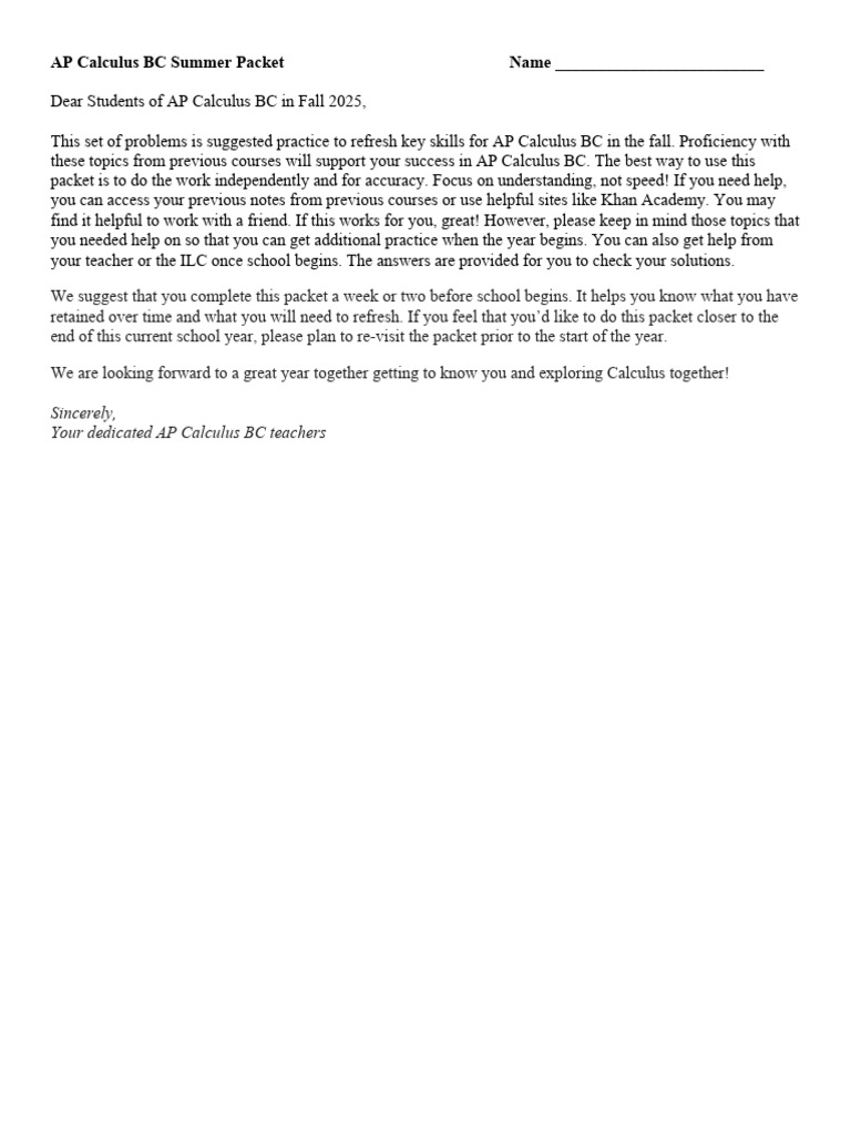 AP Calculus BC Summer Practice Packet | PDF | Trigonometric Functions ...