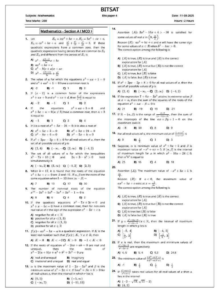 Bitsat Paper 4 | PDF