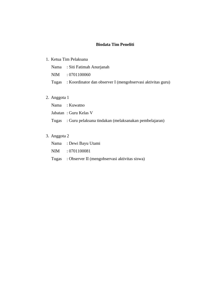 Biodata Tim Peneliti Pendidikan | PDF
