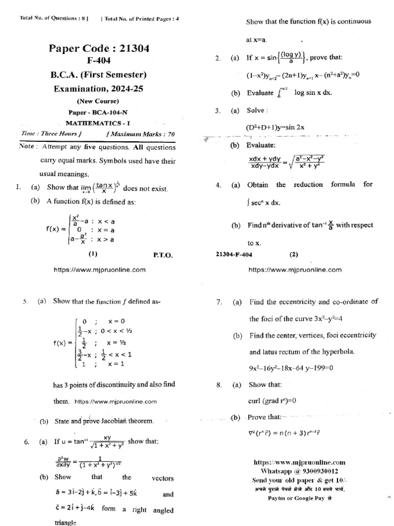 Bca 1 Sem Mathematics 1 21304 2025 | PDF