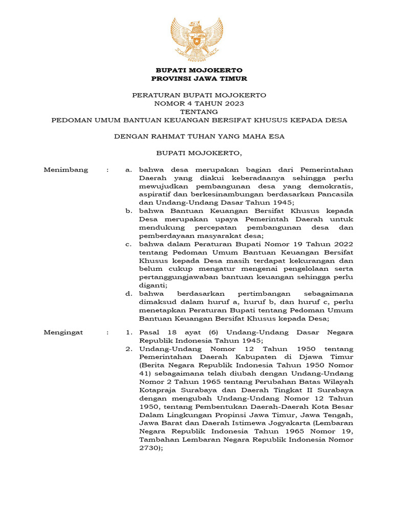 Perbup 4 Tahun 2023 Tentang Pedoman Umum Bantuan Keuangan Bersifat ...