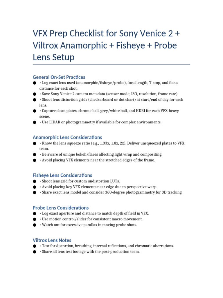 VFX Prep Checklist Venice2 Anamorphic Fisheye Probe | PDF