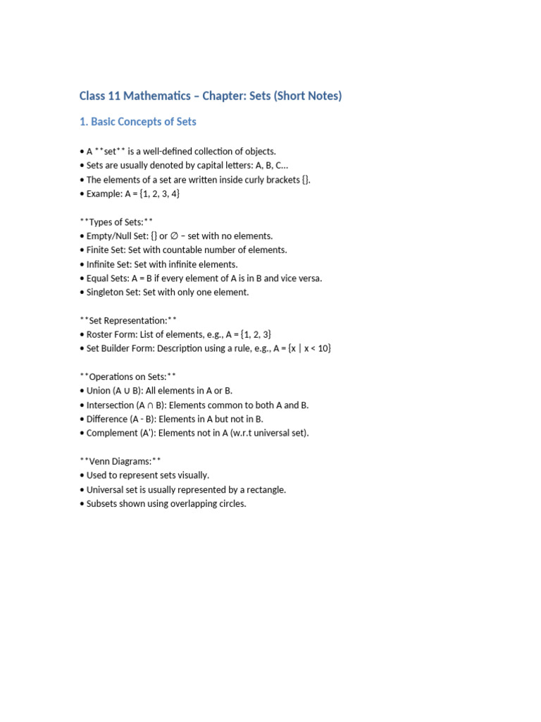 Class 11 Sets: Key Concepts & Laws | PDF
