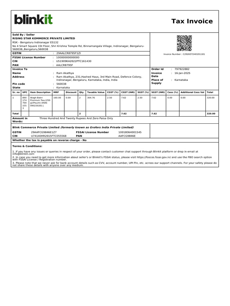 Tax Invoice for Wagh Bakri Tea Purchase | PDF | Invoice | Economy Of India