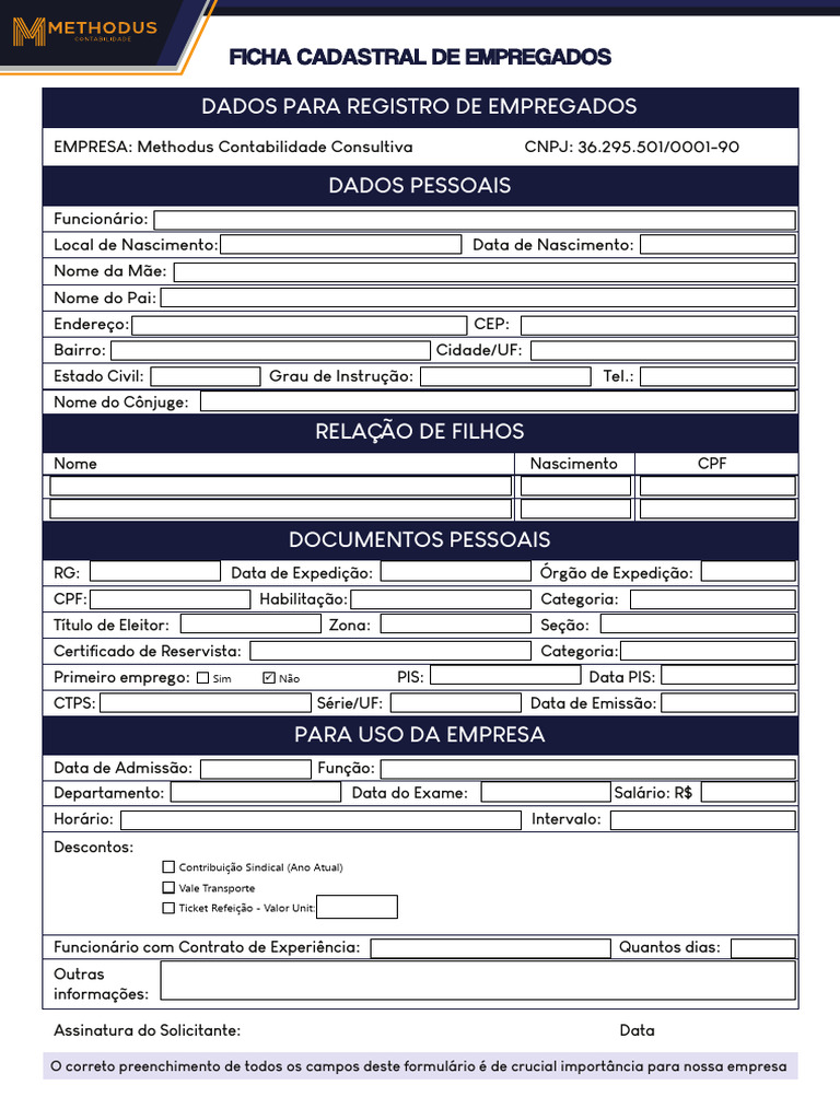 Ficha Cadastral de Empregados Methodus | PDF