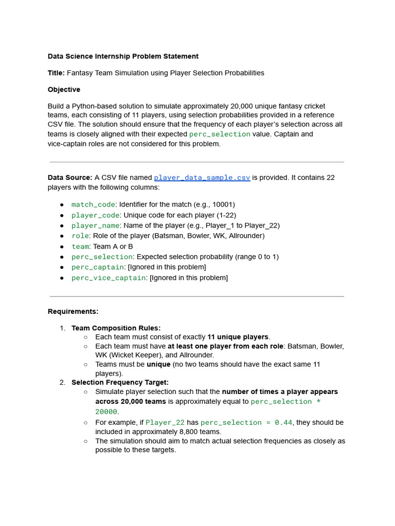 Data Science Internship Problem Statement - Apna Cricket Team | PDF ...