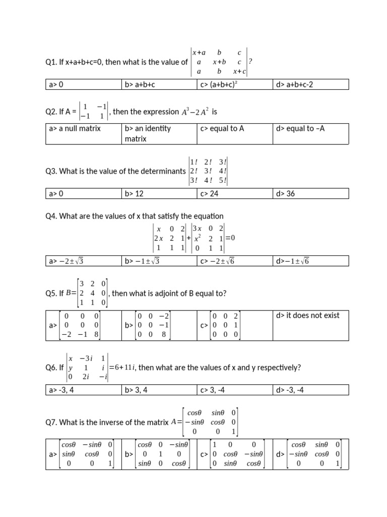 Matrix Determinants and Inverses Quiz | PDF | Linear Algebra ...