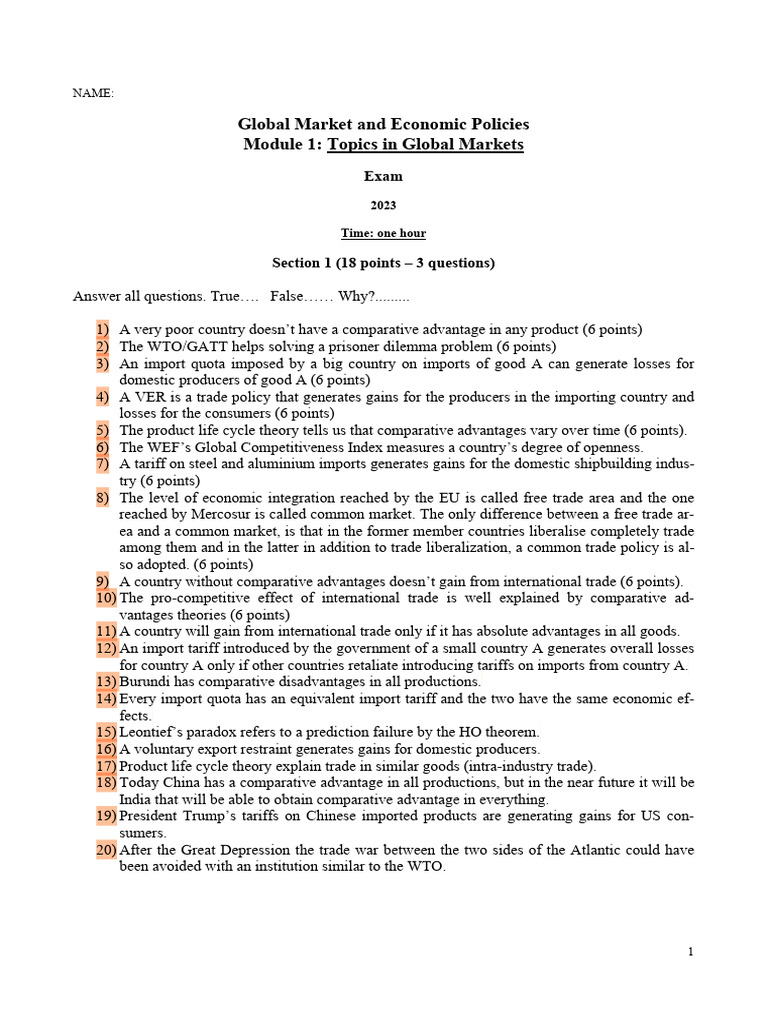 Global Market Exam: Economic Policies 2023 | PDF | Tariff | Exports