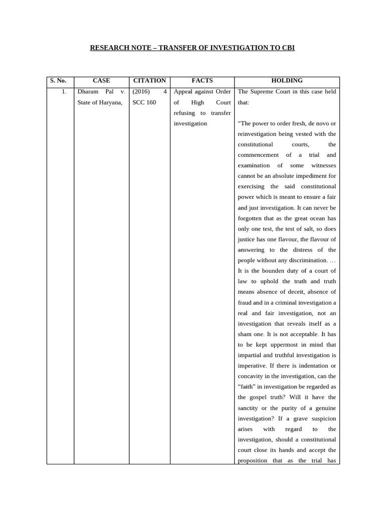 Research Note - Transfer of Investigation To CBI | PDF | Public Law ...
