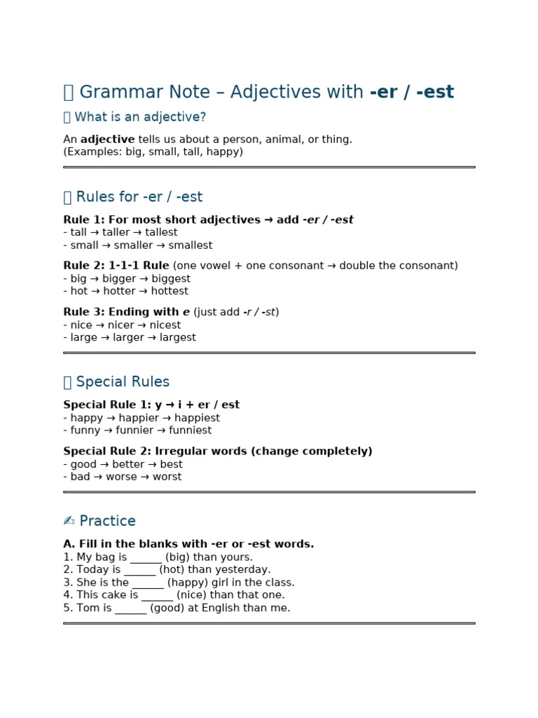 Adjective Rules: -er and -est Usage | PDF