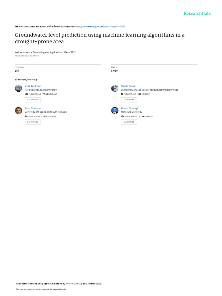 Groundwater Level Prediction Using Machine Learning Algorithms in A Drought-Prone Area | PDF ...