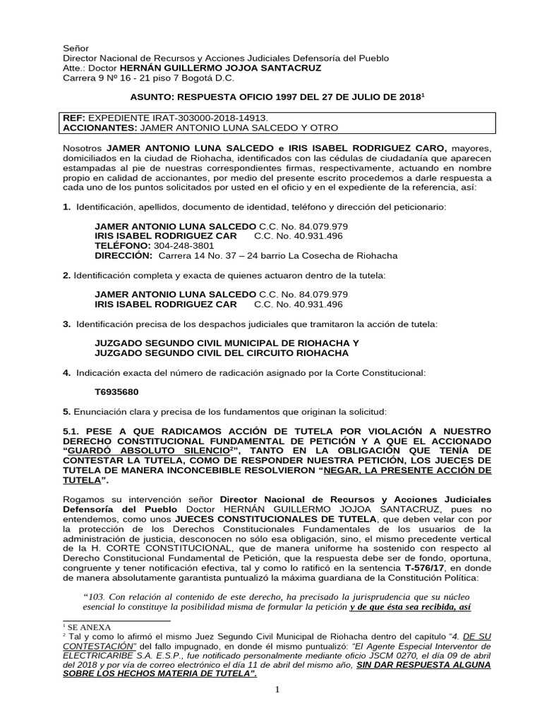 Respuesta A Requerimiento para Insistencia Tutela Corte X Defensoría ...