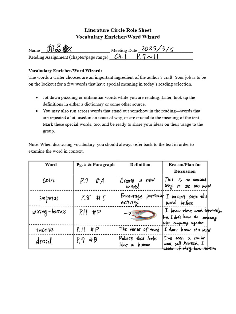 Vocabulary Enricher Role Sheet | PDF