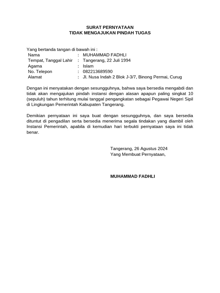 Surat Pernyataan Tidak Pindah Tugas | PDF