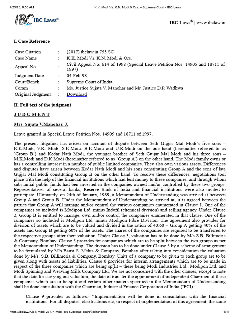 K.K. Modi vs. K.N. Modi & Ors. - Supreme Court - IBC Laws | PDF | Arbitration | Lawsuit