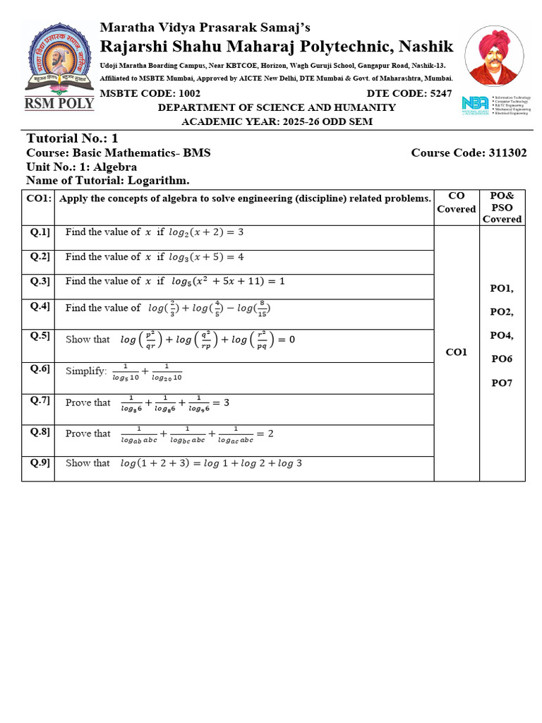 BMS Tutorial 1 To 15 2025 26 Final | PDF | Tangent | Trigonometry