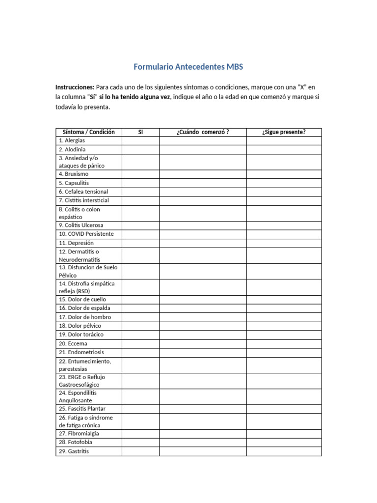 Formulario de Síntomas MBS | PDF | Sensación | Dolor
