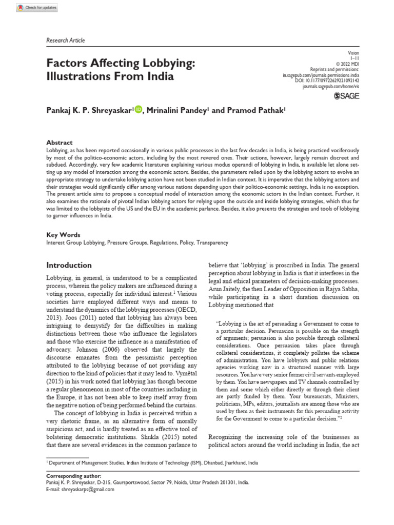 Shreyaskar Et Al 2022 Factors Affecting Lobbying Illustrations From India | PDF | Non ...
